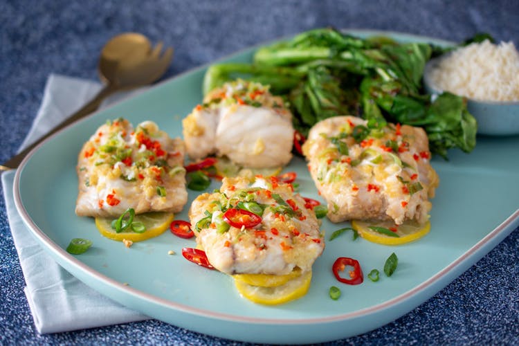 Chilli Ginger Steamed Fish with Grilled Chinese Broccoli | Seafood ...
